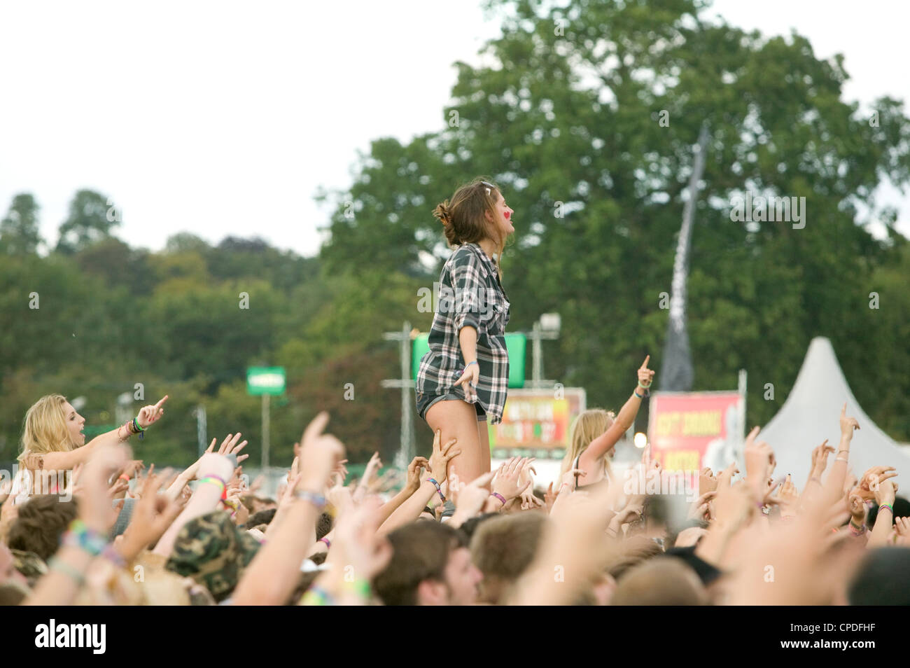 Girl at a music festival on shoulders in the crowd cheering Stock Photo ...