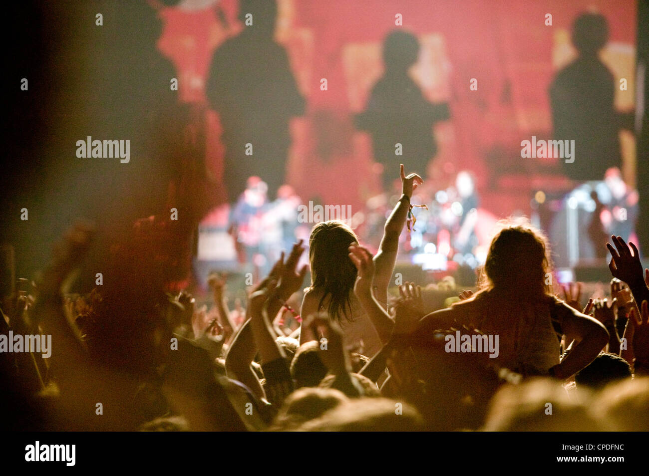 Girl at a music festival on shoulders in the crowd cheering Stock Photo ...