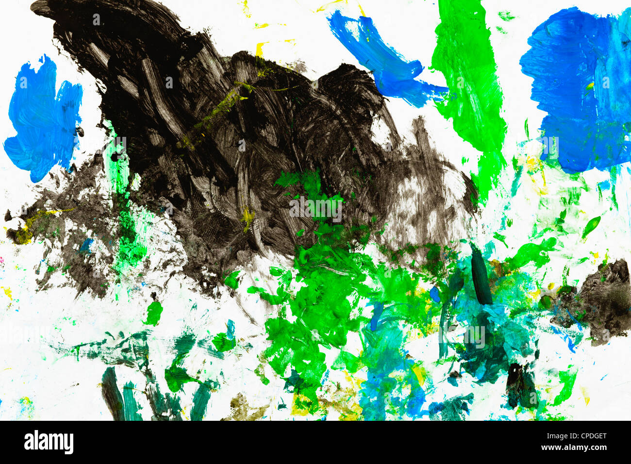 Somber dark green children's drawings made of black and blue watercolor ...