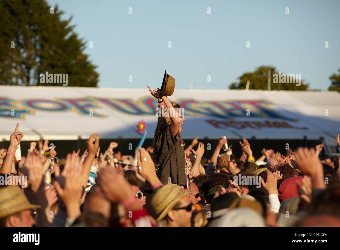 Boy in crowd on shoulders screaming and cheering at a music festival ...