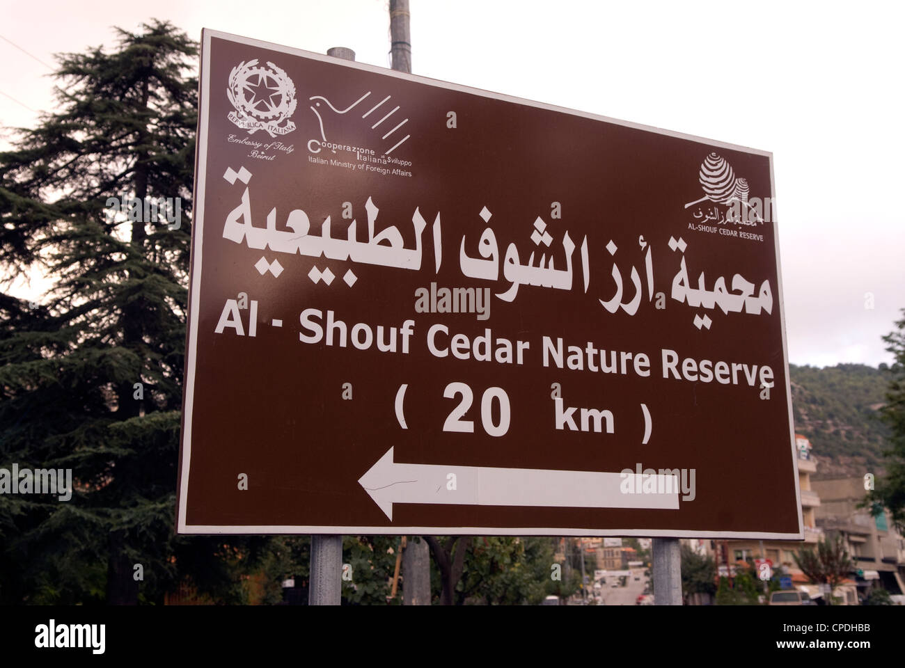 Sign pointing the way to the Chouf Cedar Reserve (Cedrus libani) in the ...