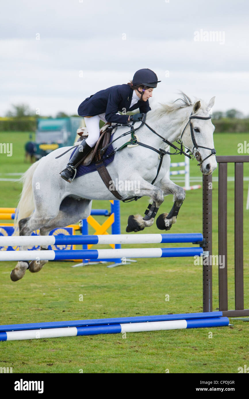 A horse and rider competing in a show jumping event held outside on a ...