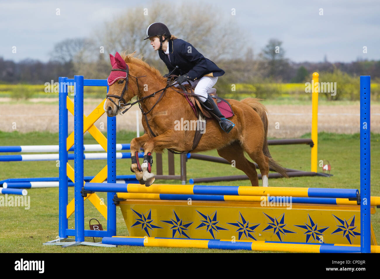 A horse and rider competing in a show jumping event held outside on a ...