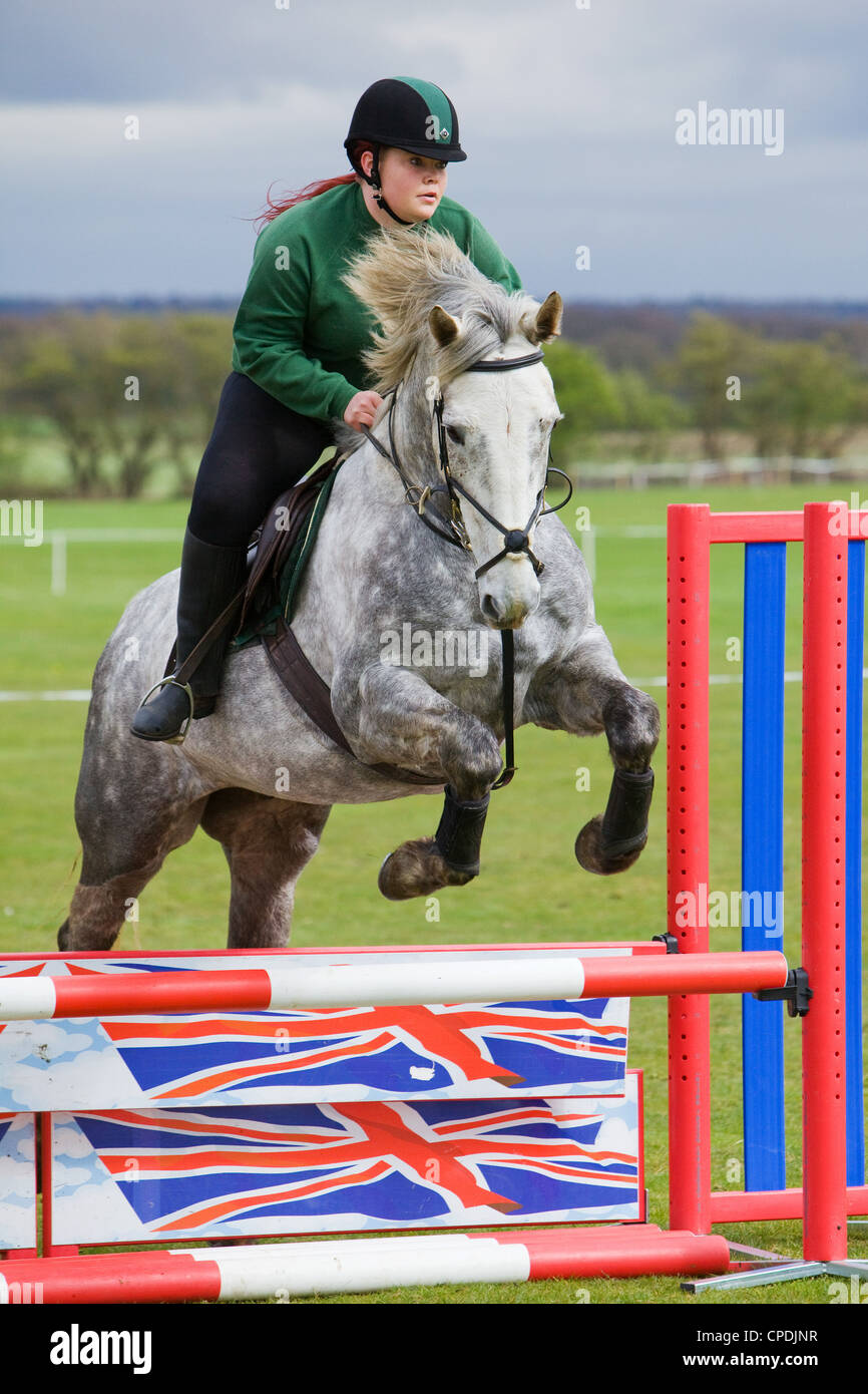 A horse and rider competing in a show jumping event held outside on a ...