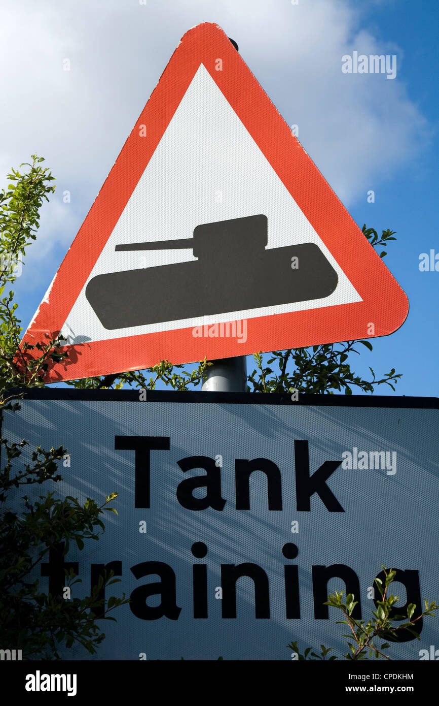 Tank hazard triangle / triangular hazard road sign near The Tank Museum ...