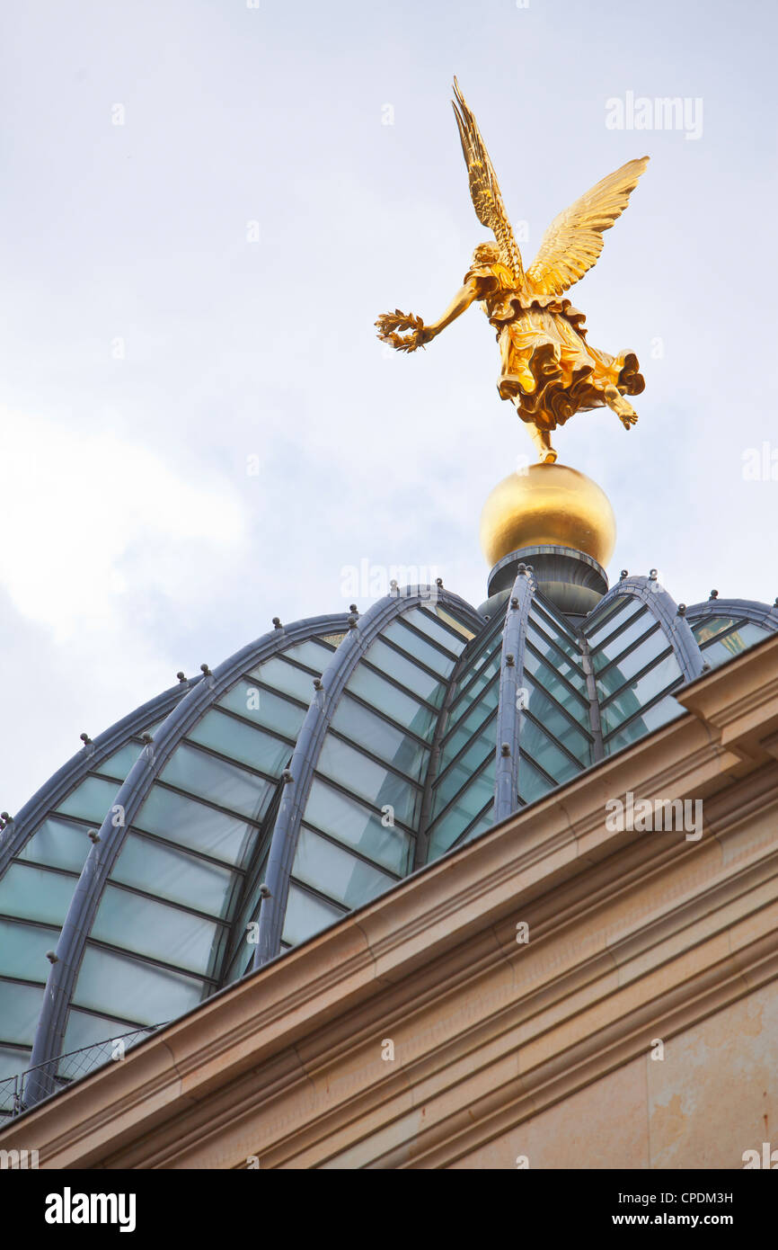 Golden statue on top of the Cathedral, Dresden, Saxony, Germany, Europe ...