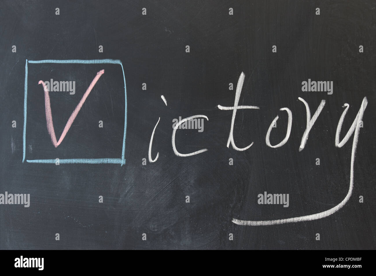 Chalkboard writing - Victory word in Egnlish Stock Photo - Alamy