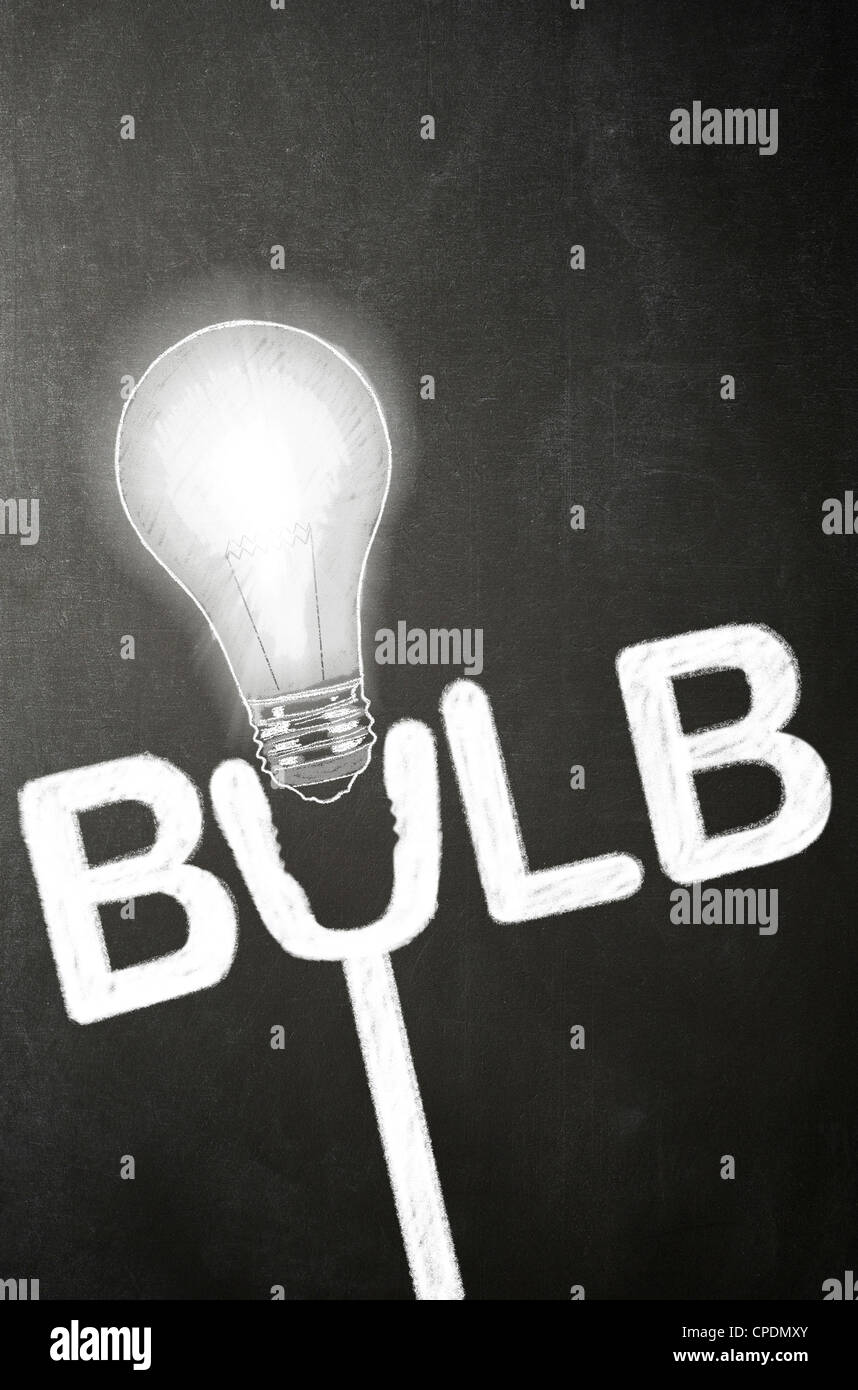 A light bulb and the word bulb drawn in chalk on a blackboard - Concept ...