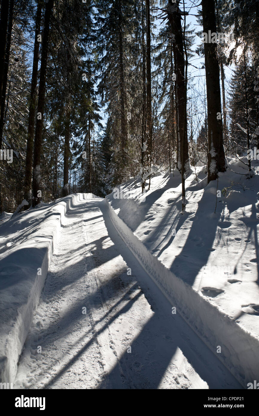Deep, crisp snow on an alpine footpath through woods at Garmisch ...