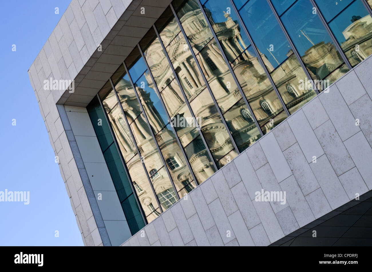 Royal Liver Building reflected in the Museum of Liverpool glass facade ...