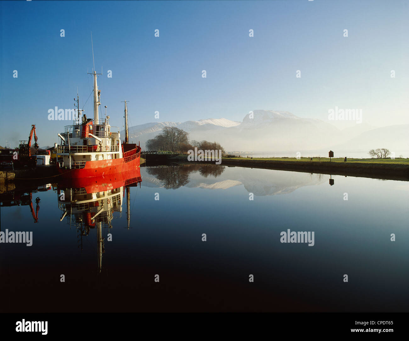 Coastal vessel at anchor in the Corpach Basin of the Caledonian Canal ...