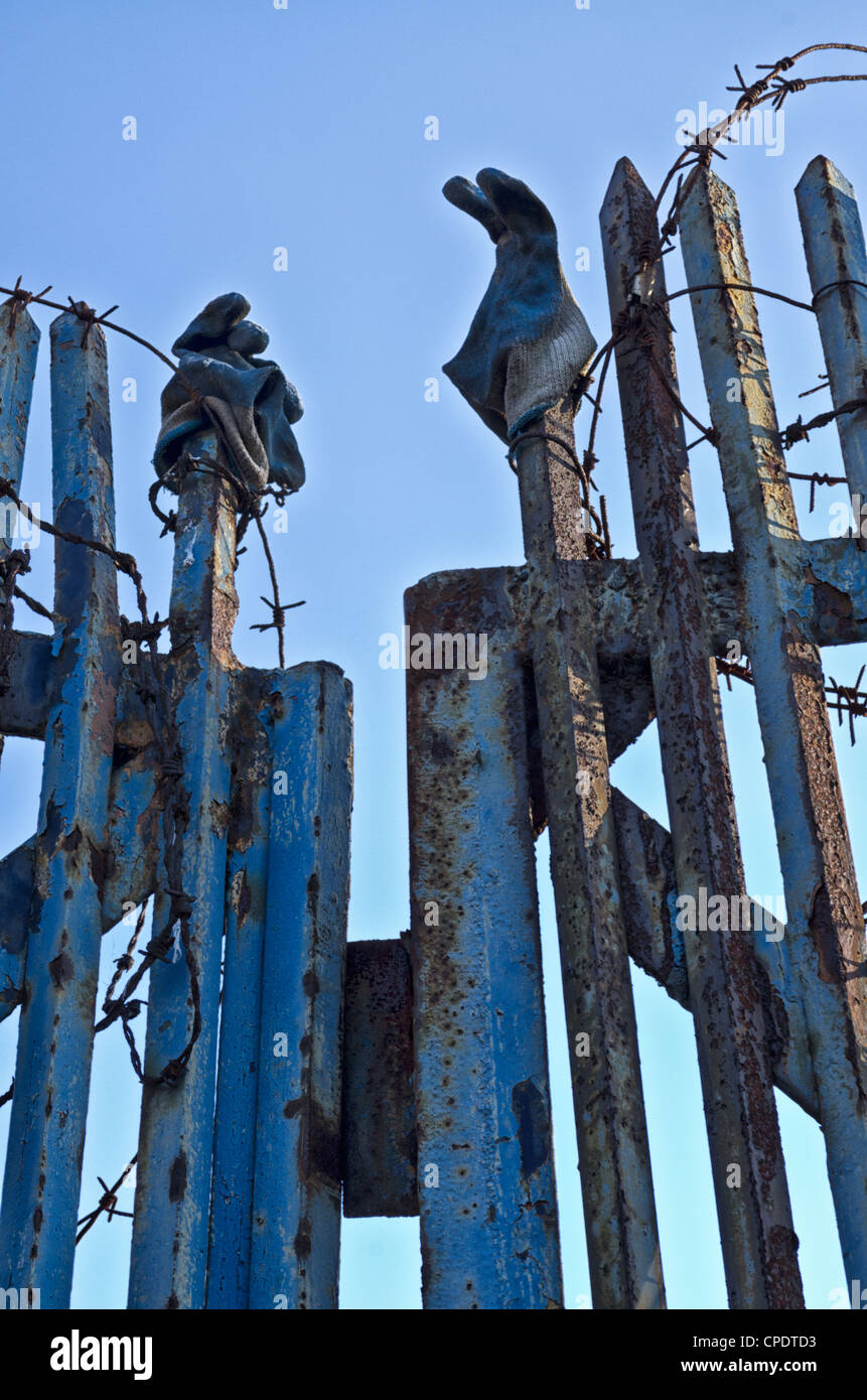 No Entry - barbed wire defences in redundant works yard Liverpool Stock ...