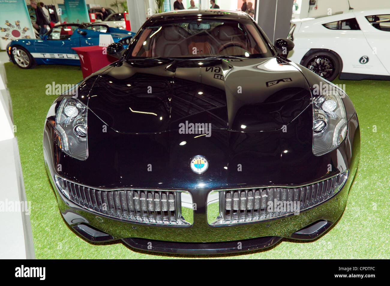 Front view of a Fisker, electric supercar, on display at ecovelocity ...