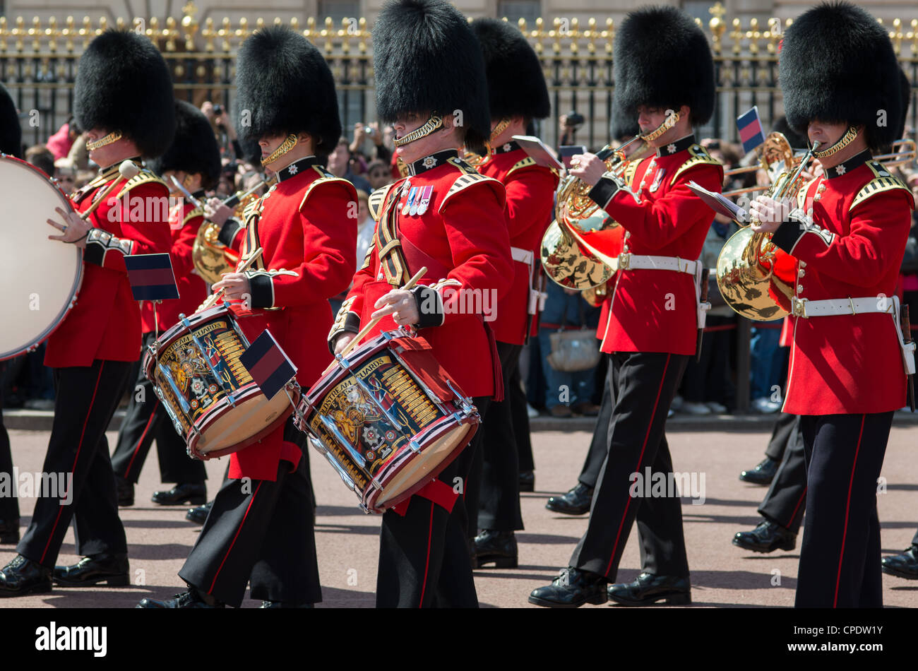 Coldstream guards band playing at changing of the guard at Buckingham ...