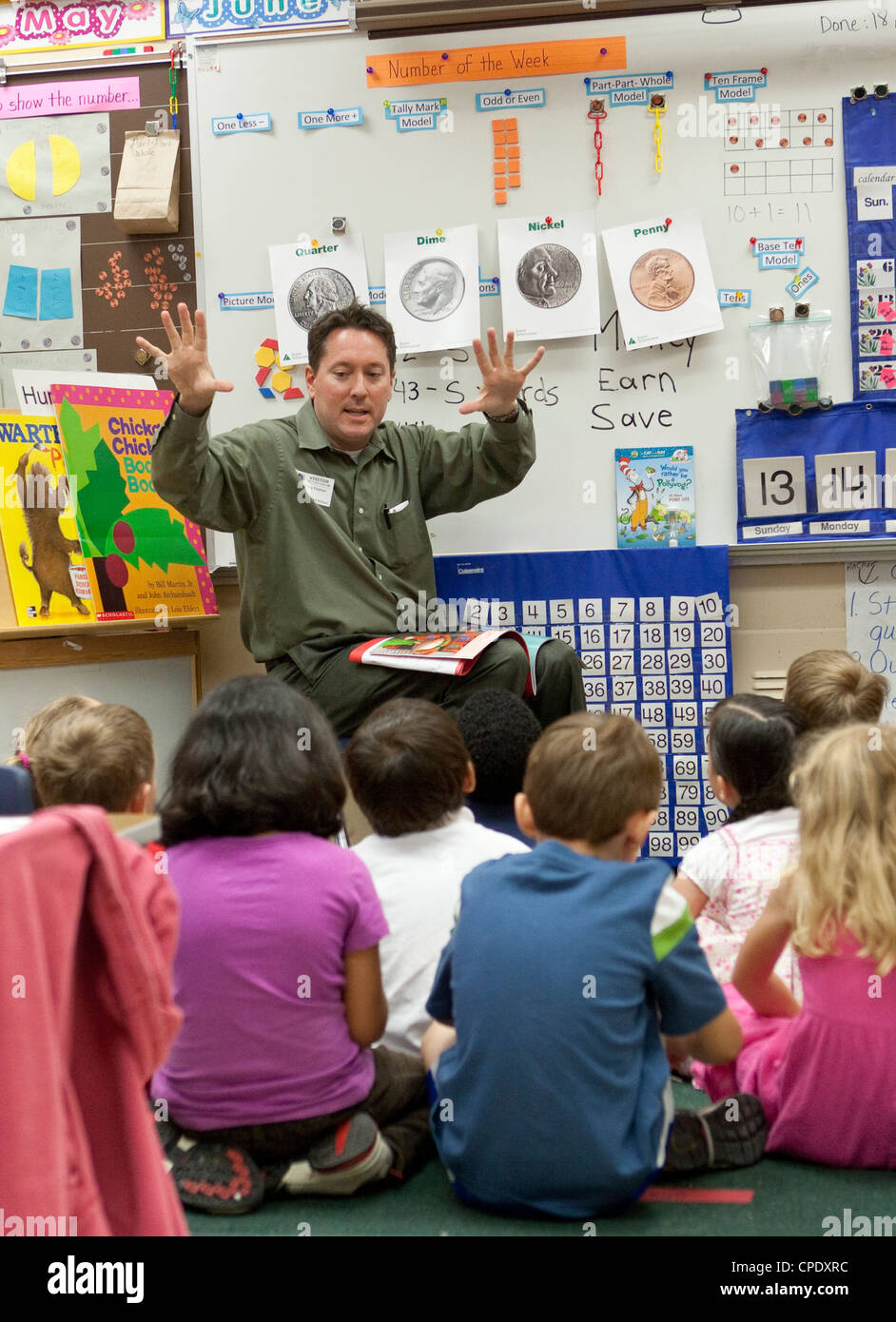 Anglo male teacher in training, uses photos of coins while teaching ...