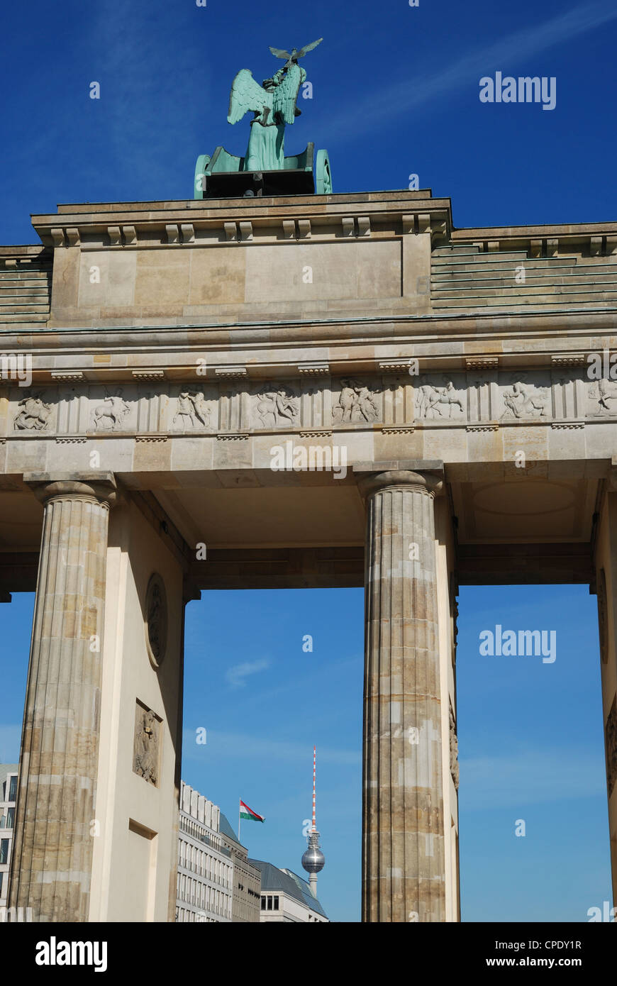 The Brandenburg Gate, Berlin, Germany, with the iconic TV Tower in the ...
