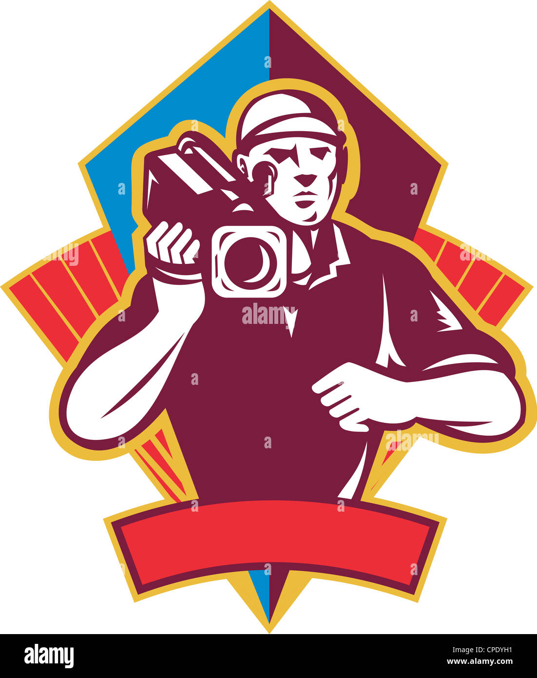 Illustration of a cameraman holding movie camera shooting facing front ...