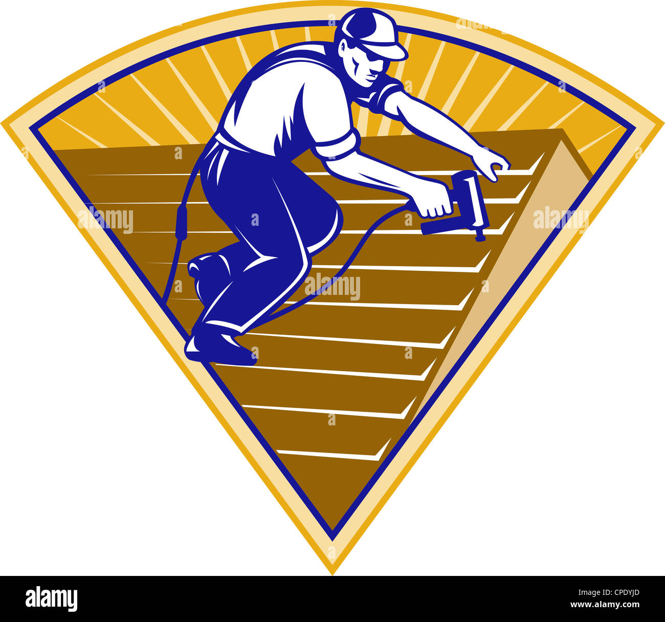 Illustration of a roofer roofing worker working on roof with nail gun ...