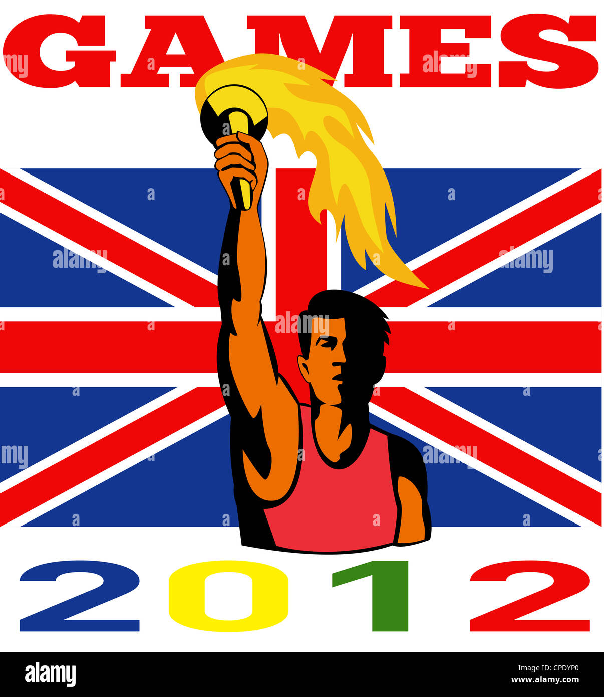 Illustration of an athlete with flaming torch with words Summer Games ...
