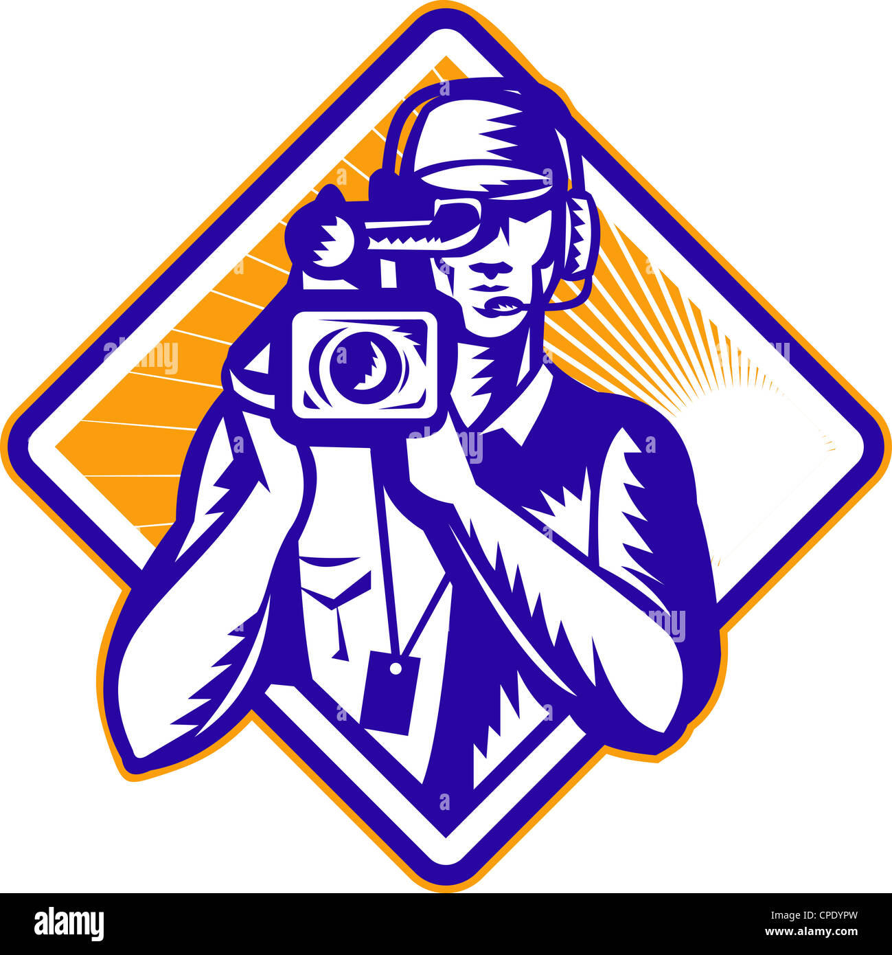 Illustration of a film crew cameraman with video camera facing front ...