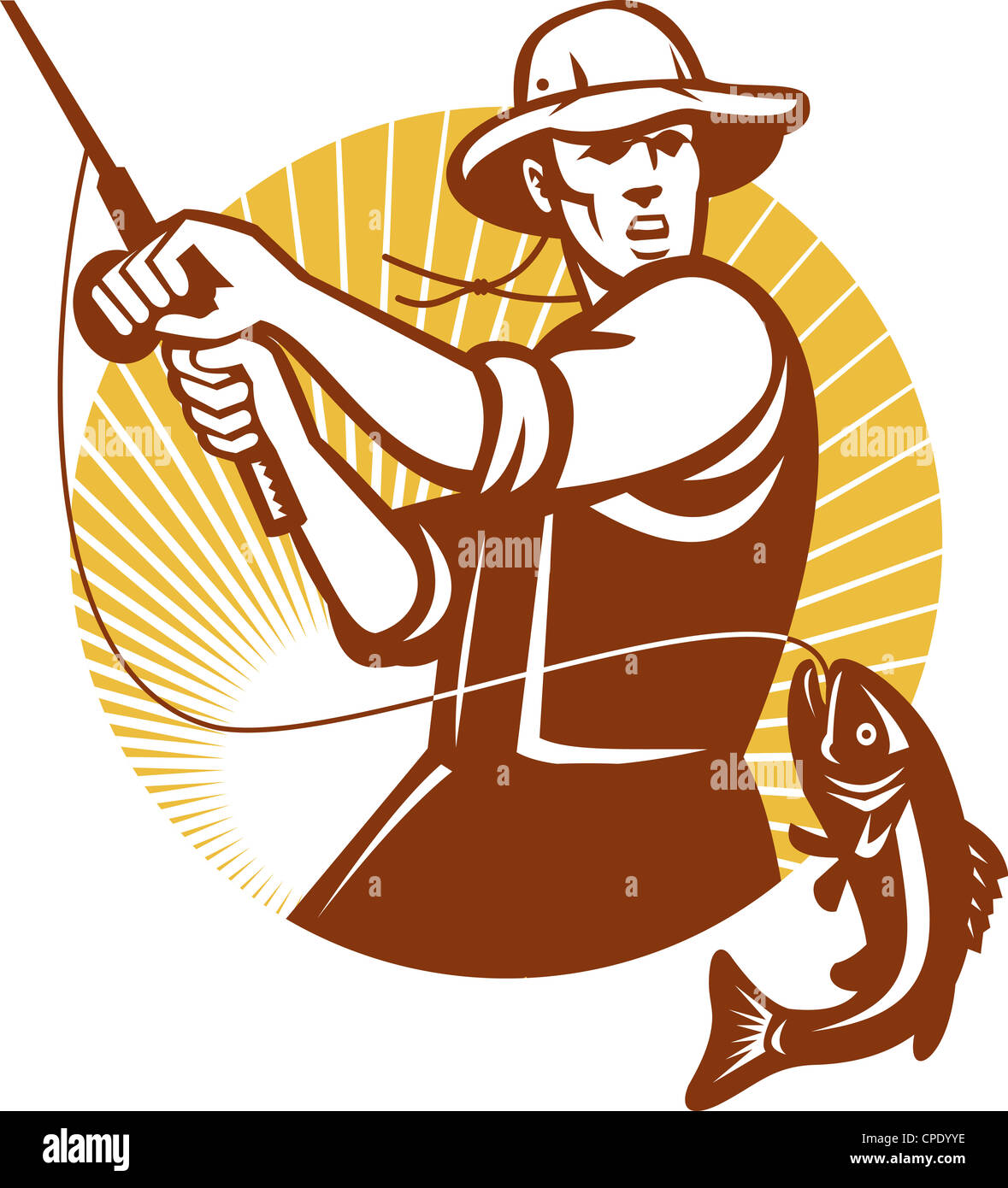 Illustration of a fly fisherman fishing rod reeling largemouth bass ...