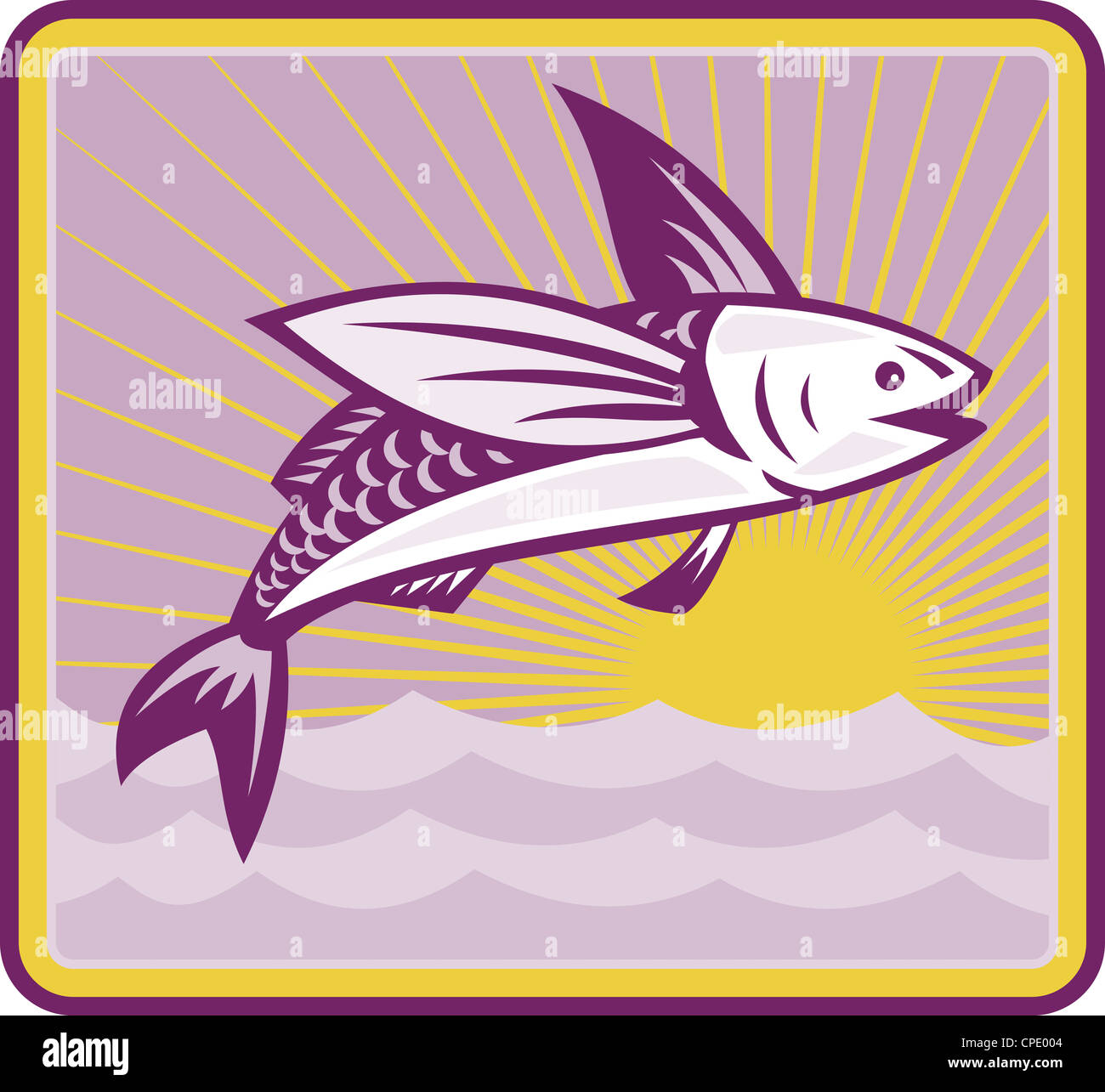 Illustration of a flying fish jumping with sea ocean and sunburst in ...