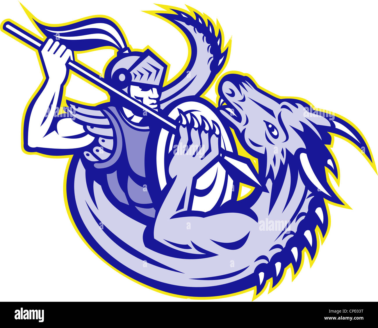 illustration of St. George the knight fighting a dragon with spear and ...