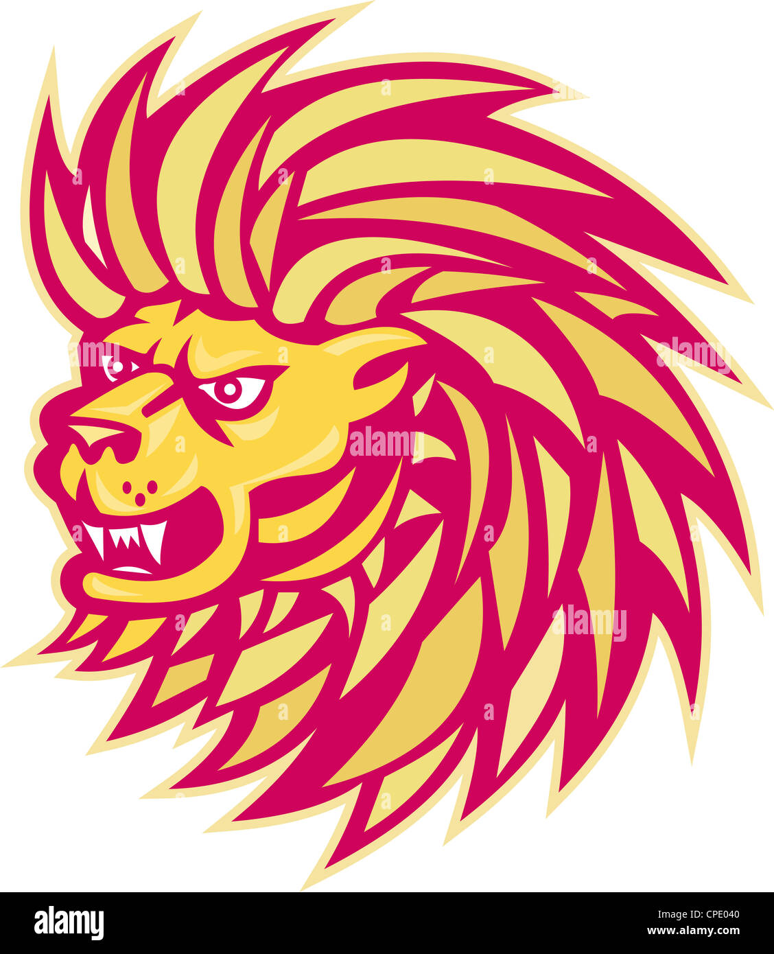 Illustration of an angry lion head facing side done in retro style ...