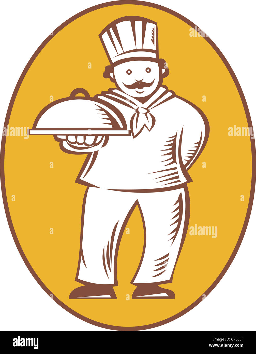Illustration of a chef baker cook holding platter plate of food facing ...