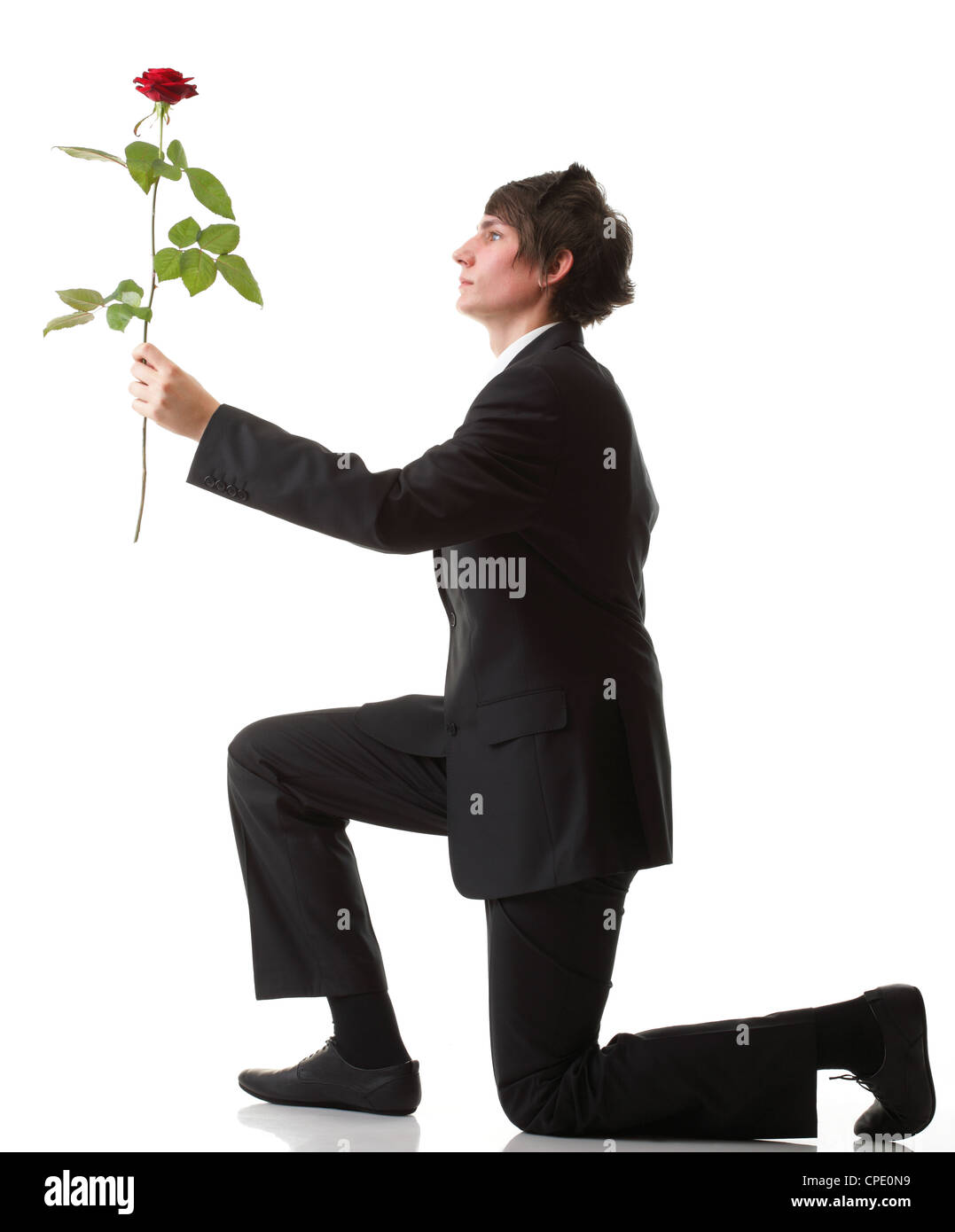 Young handsome man with flower, red rose isolated white background ...