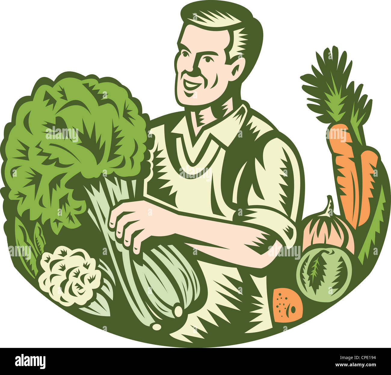Illustration of an organic farmer green grocer with leafy green ...