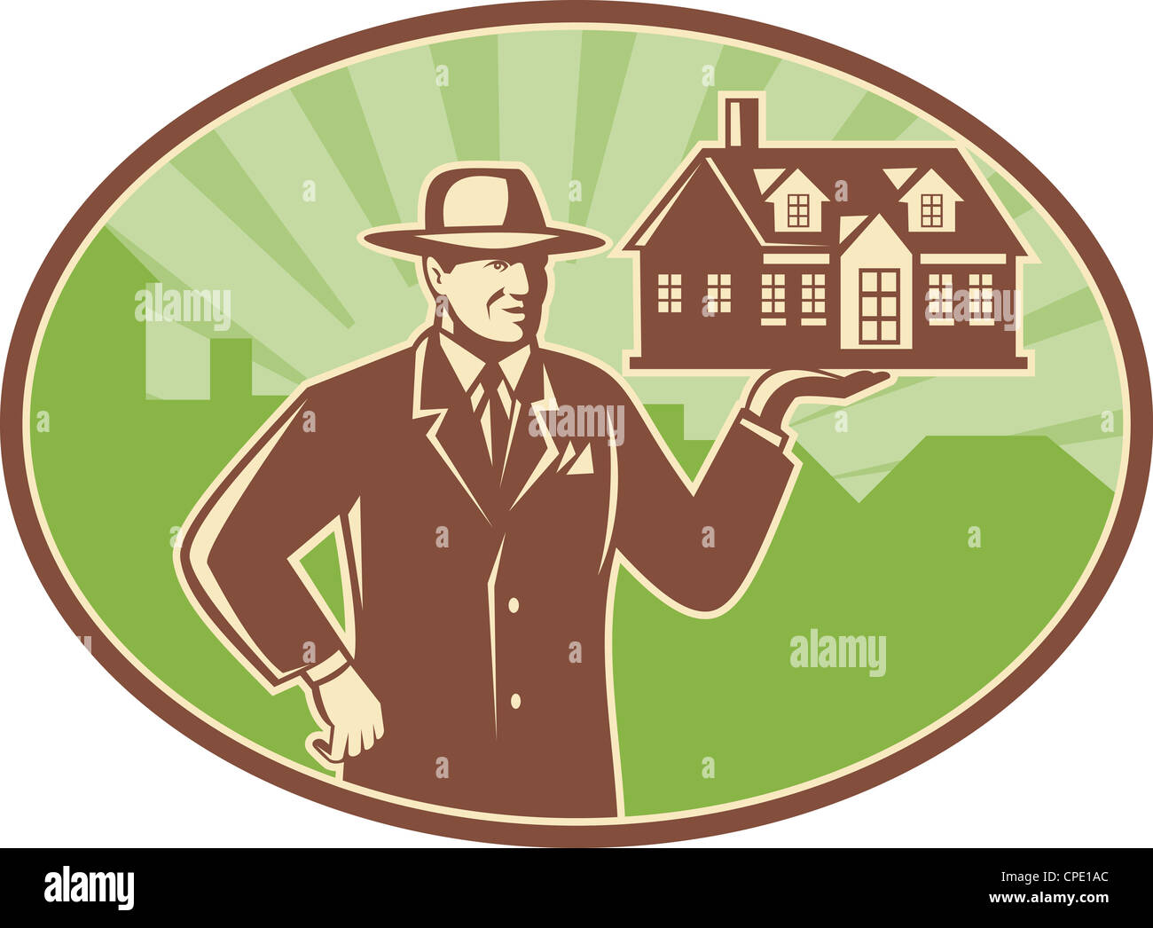 Illustration of a realtor real estate agent salesman holding a house ...