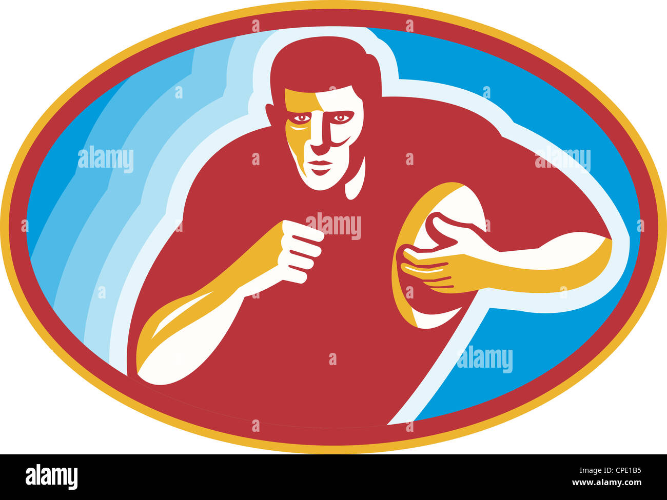 Illustration of a rugby player running with ball set inside ellipse ...