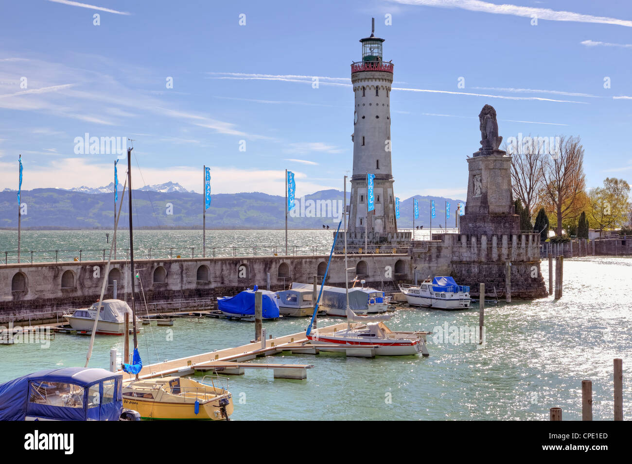 Lindau, port, Bavarian lion, lighthouse, Bavaria, Germany Stock Photo ...