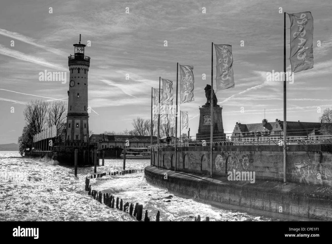 Lindau, port, Bavarian lion, lighthouse, Bavaria, Germany Stock Photo ...