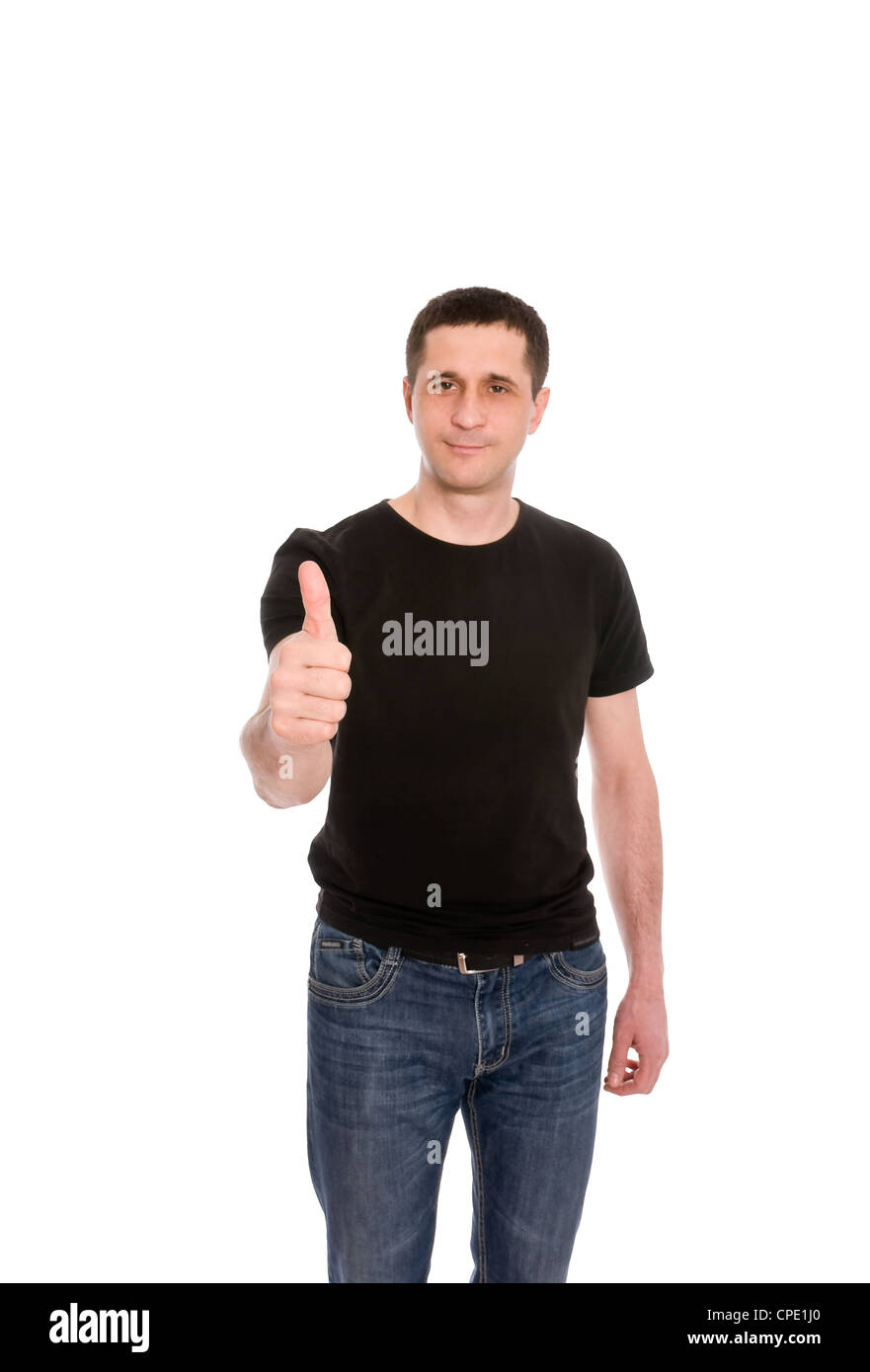 man in black t-shirt is showing sign ok isolated on white background ...