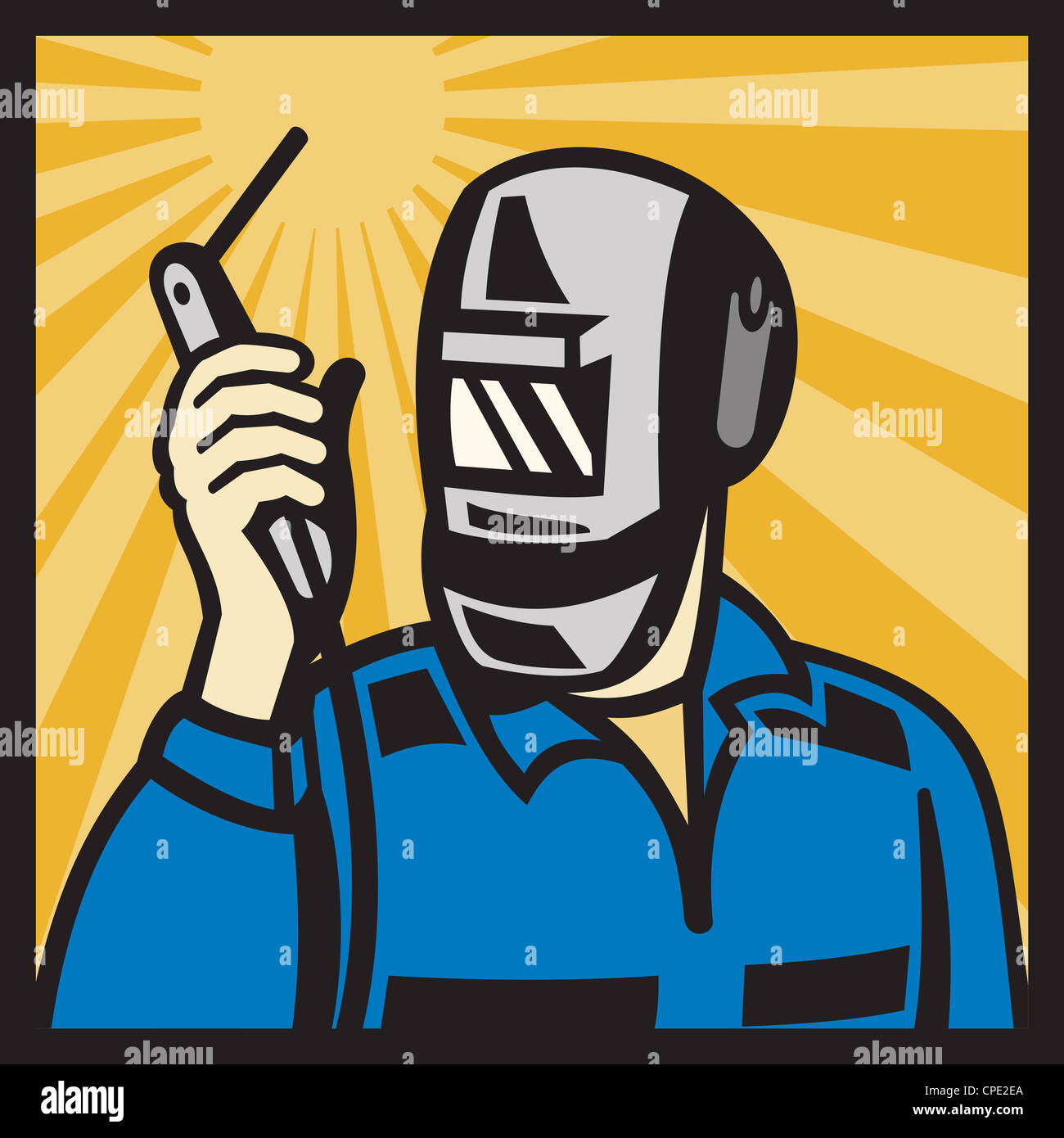 Illustration of a welder holding welding torch with visor facing front ...