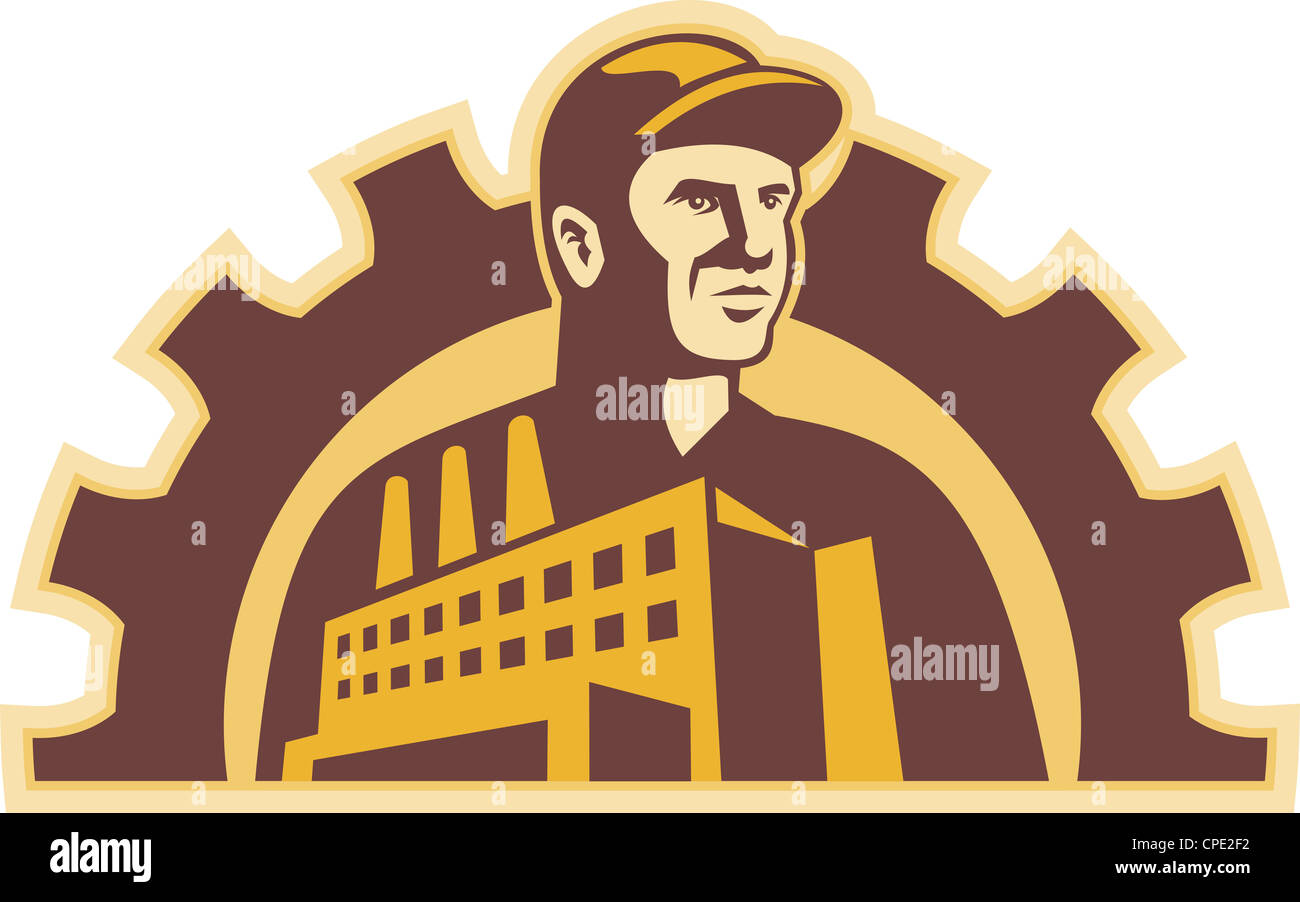 Illustration of a factory worker with factory building and mechanical ...