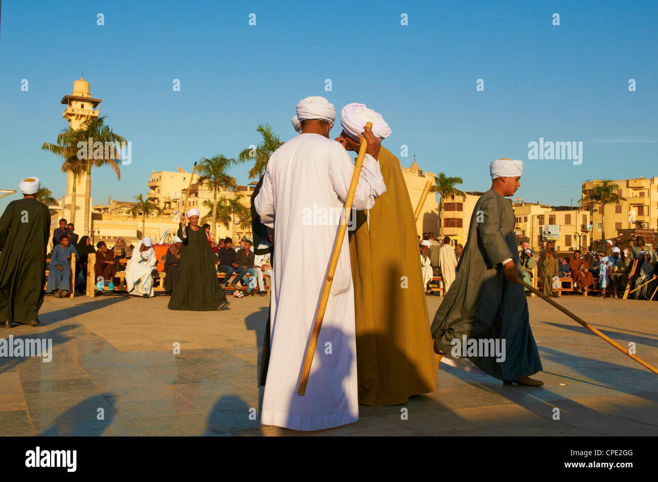Tahtib demonstration, Mosque of Abu el-Haggag, Luxor, Egypt Stock Photo ...