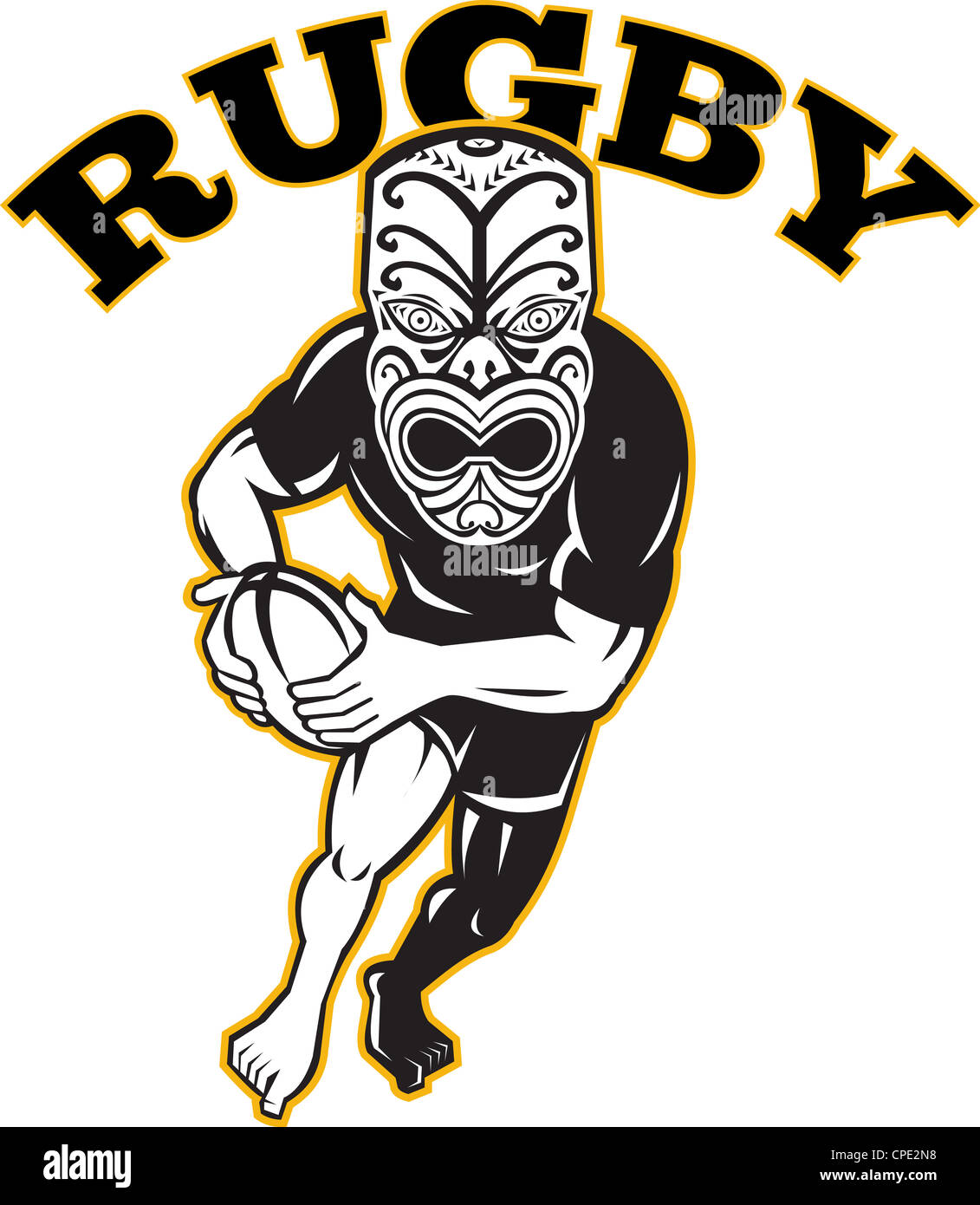 Illustration of a Maori warrior rugby player with mask running with ...