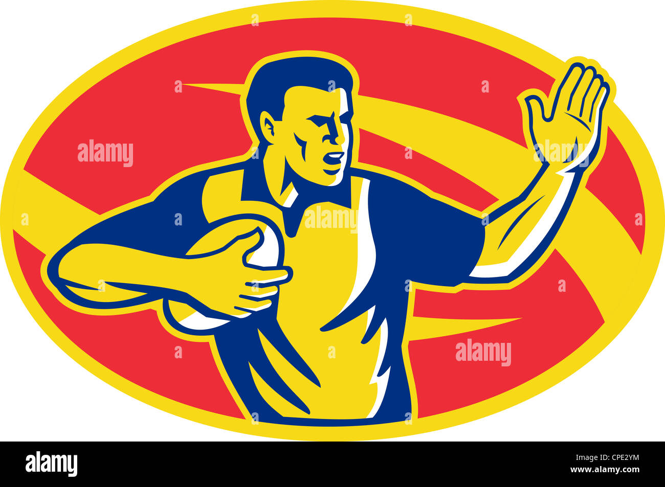 Illustration of a rugby player with ball ball fending done in retro ...