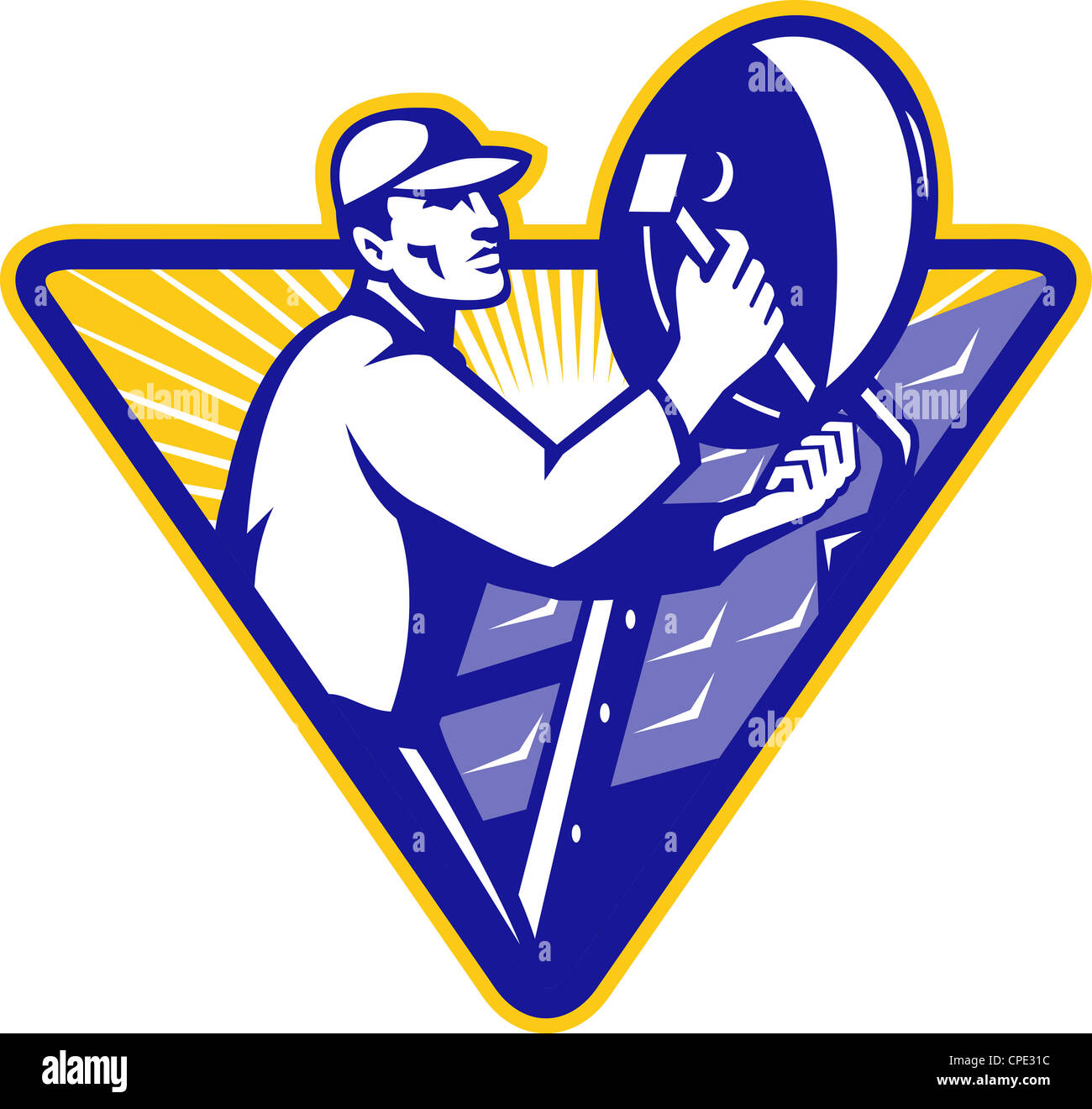 Illustration of a tradesman worker installing satellite dish set inside ...