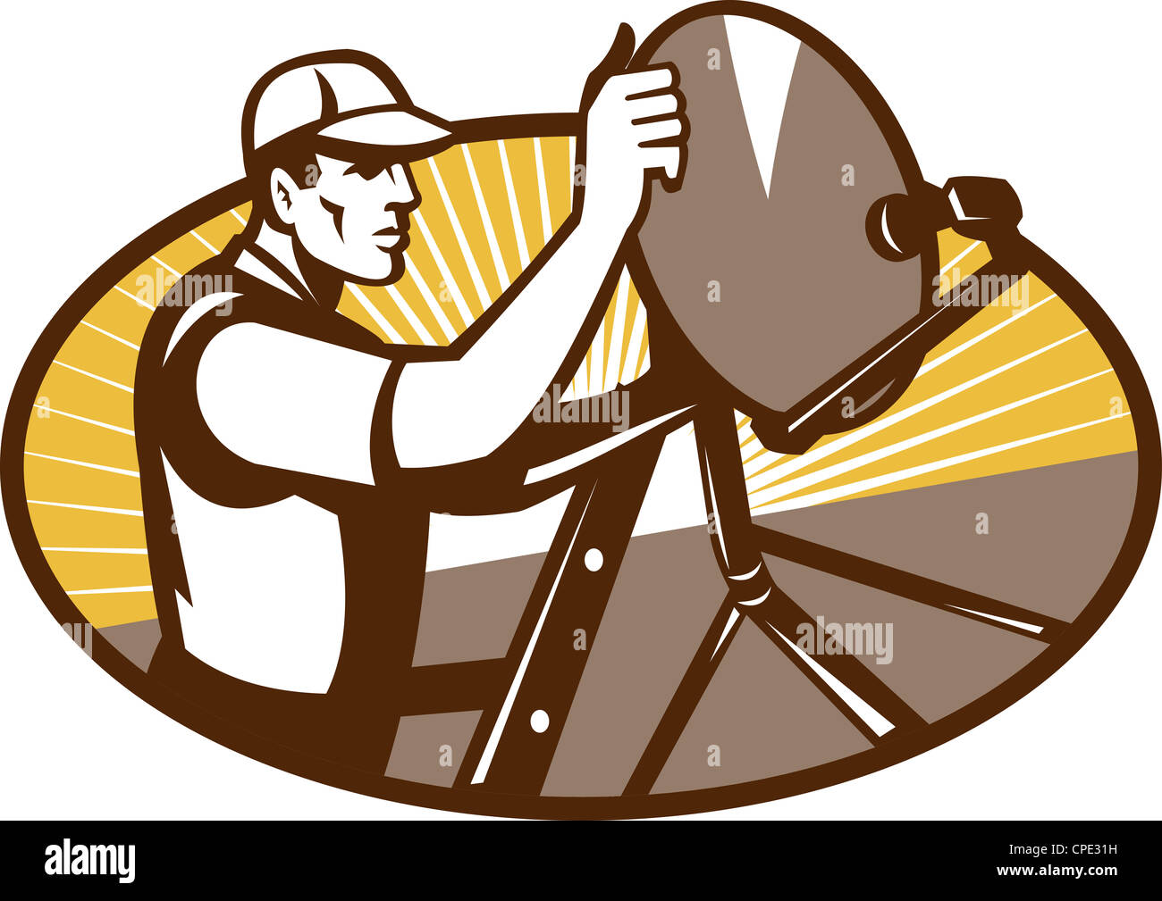 Illustration of a tradesman worker installing satellite dish set inside ...
