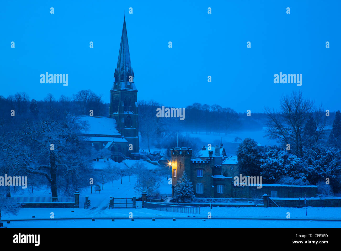 Edensor village and church in winter, Chatsworth Estate, Derbyshire ...