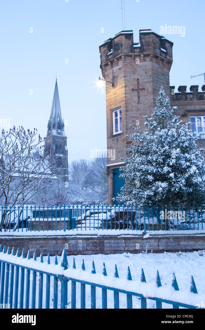 Edensor village and church in winter, Chatsworth Estate, Derbyshire ...