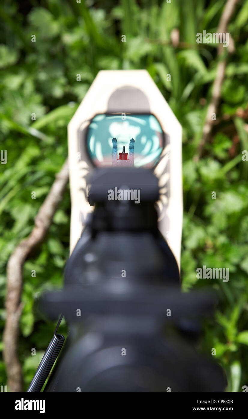 aiming an m4 rifle sight at a paper target on a firing range Stock ...