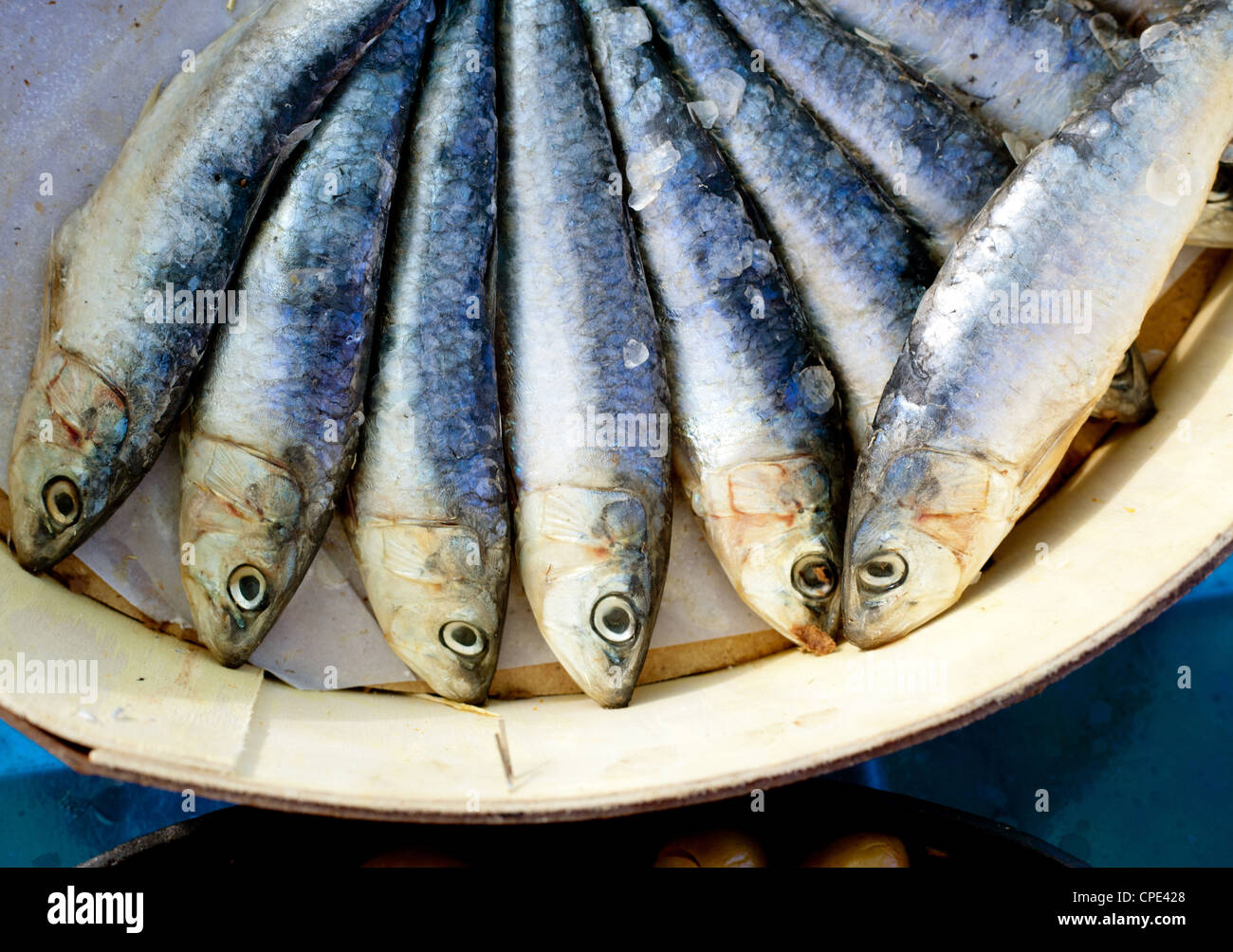 brine salted sardines fish in round wood box in Mediterranean Stock ...