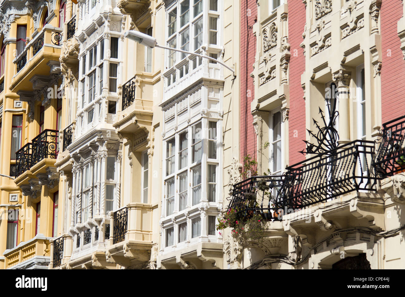 windows and balconies in traditional flats in Corunna, Spain Stock ...