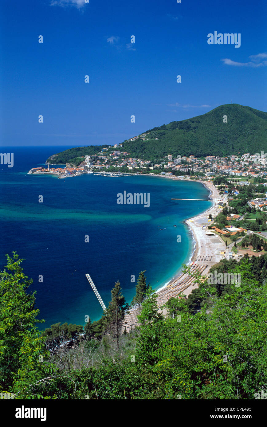 View over town and Slovenska Beach, Budva, The Budva Riviera ...