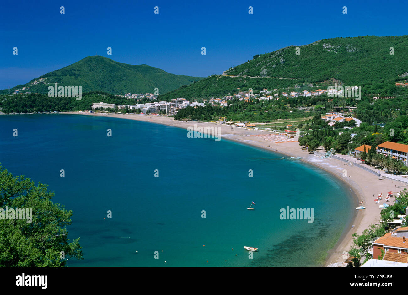 View over resort and beach, Rafailovici, The Budva Riviera, Montenegro ...